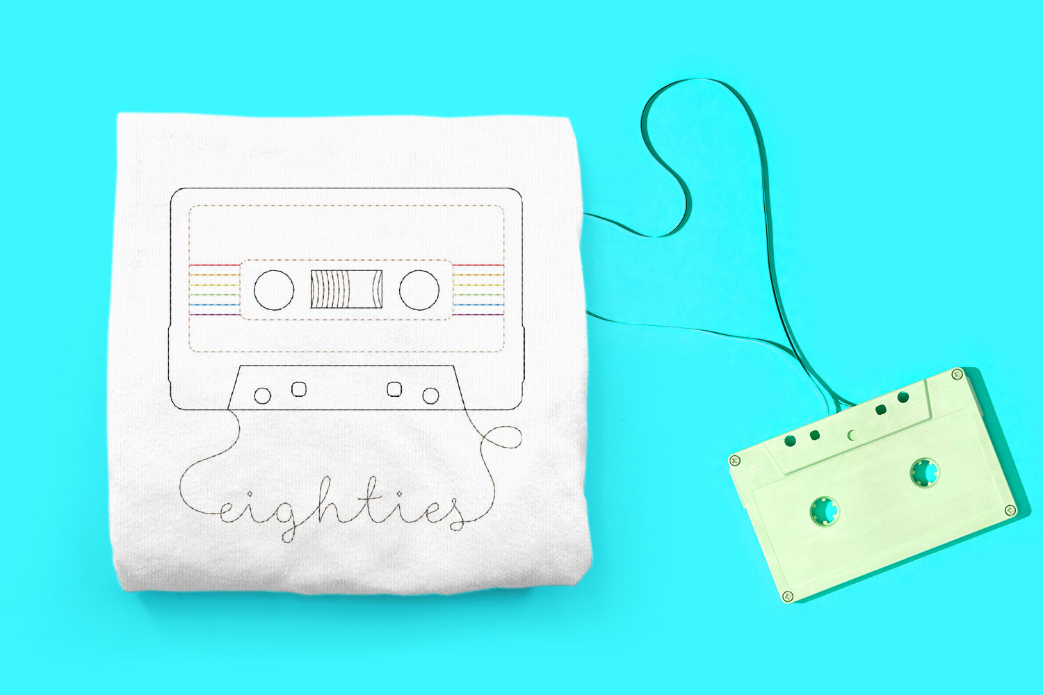 80s Rainbow Cassette Tape Linework Embroidery File – Designed by Geeks